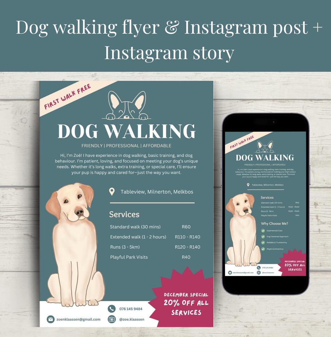 Dog Walker Canva Template Bundle Editable Flyers, Instagram Posts, and ...