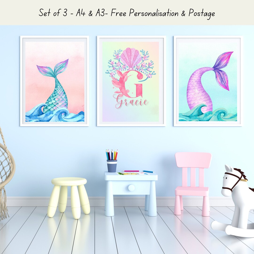Custom Kids Mermaid Wall Art, Mermaid Baby Name Print, Personalised ...