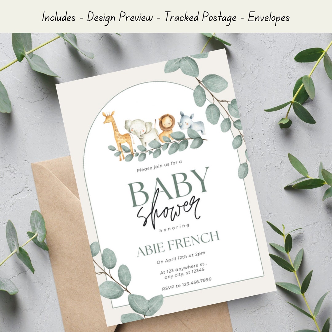 Safari Animal Gender Neutral Baby Shower Invitations Envelopes Included ...