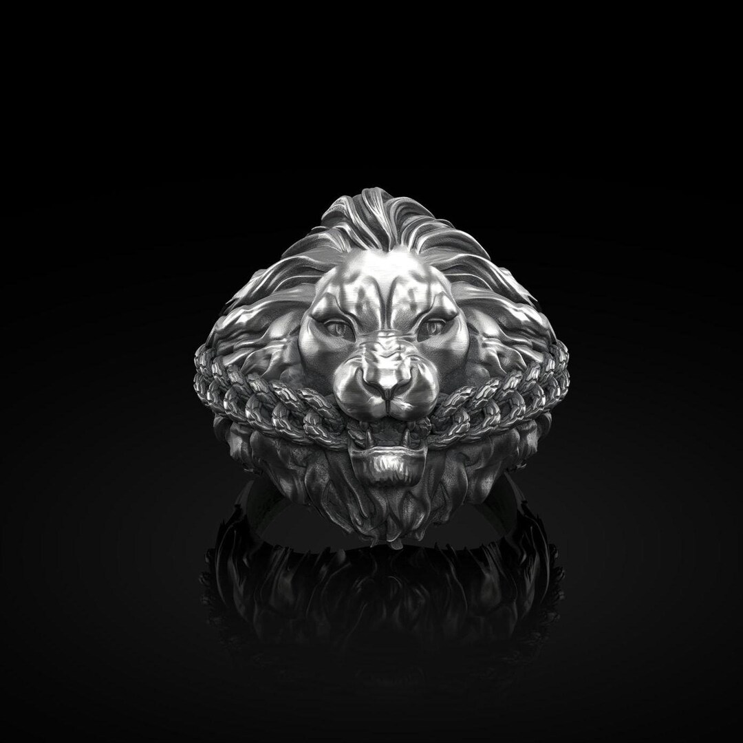 Chained Angry Lion Ring in Silver, Men Lion Head Ring, Signet Silver ...