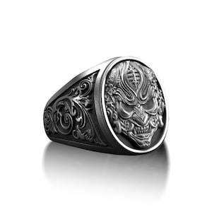 Japanese Oni Mask Hannya Ring, Japanese Mythology Jewelry, Sterling ...