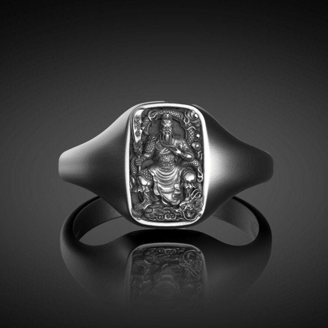 Guan Gong and Chinese Dragon Ring, Sterling Silver Signet Ring for Mens ...