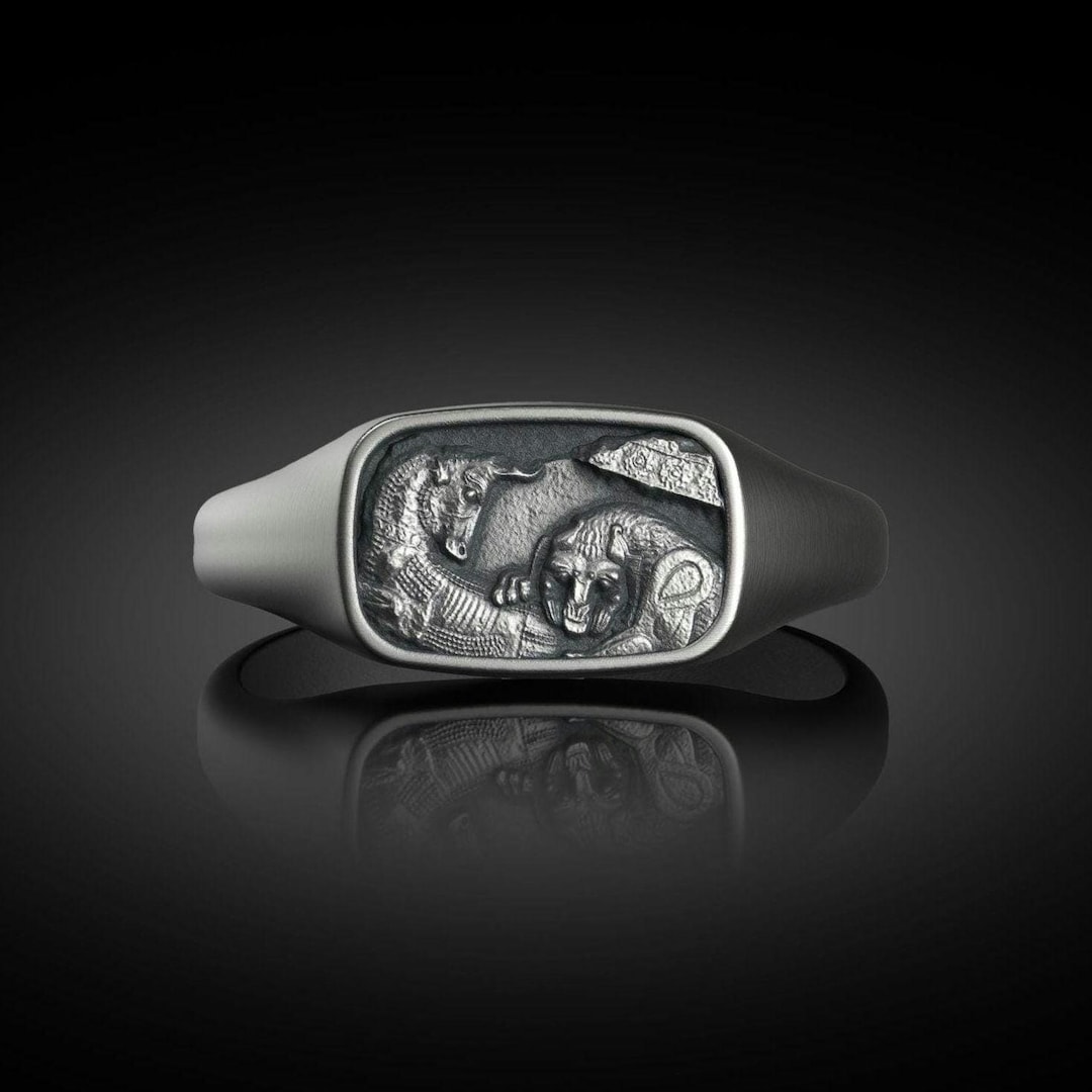 Sterling Silver Ancient Assyrian Lion Hunter Ring: Zodiac Jewelry - Etsy