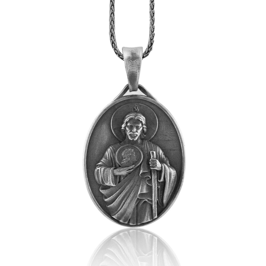 Sterling Silver Saint Jude Mens Necklace: Oxidized Christian Medallion ...