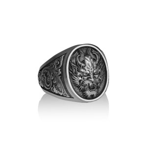 Japanese Oni Mask Dragon Ring, Japanese Mythology Jewelry, Sterling ...