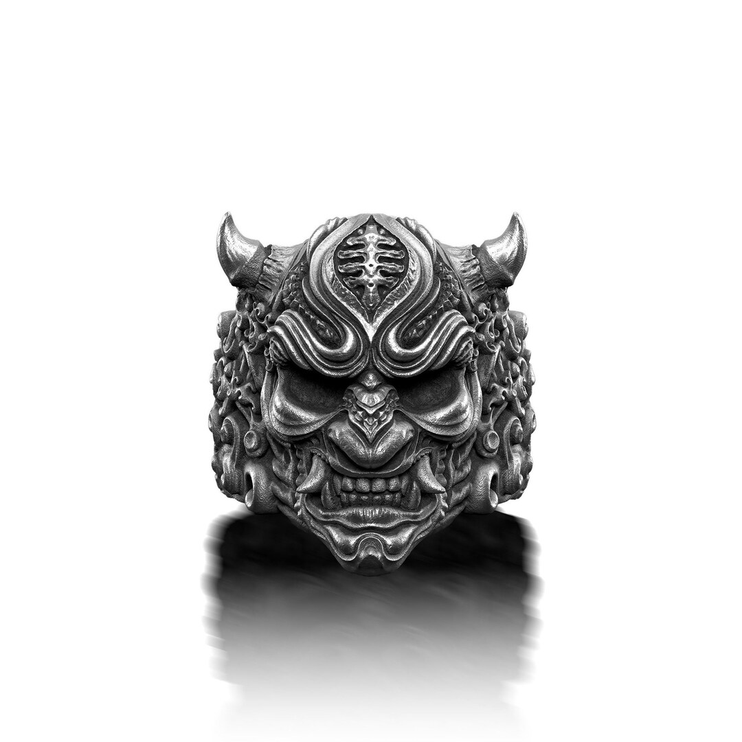 Hannya Oni Mask Ring in Oxidized Sterling Silver, Japanese Gothic Ring ...