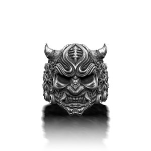 Hannya Oni Mask Ring in Oxidized Sterling Silver, Japanese Gothic Ring ...
