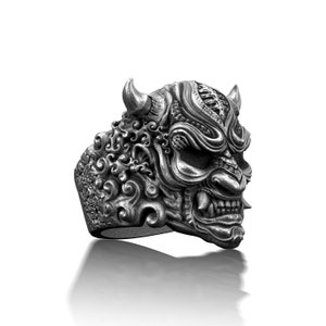 Hannya Oni Mask Ring in Oxidized Sterling Silver, Japanese Gothic Ring ...