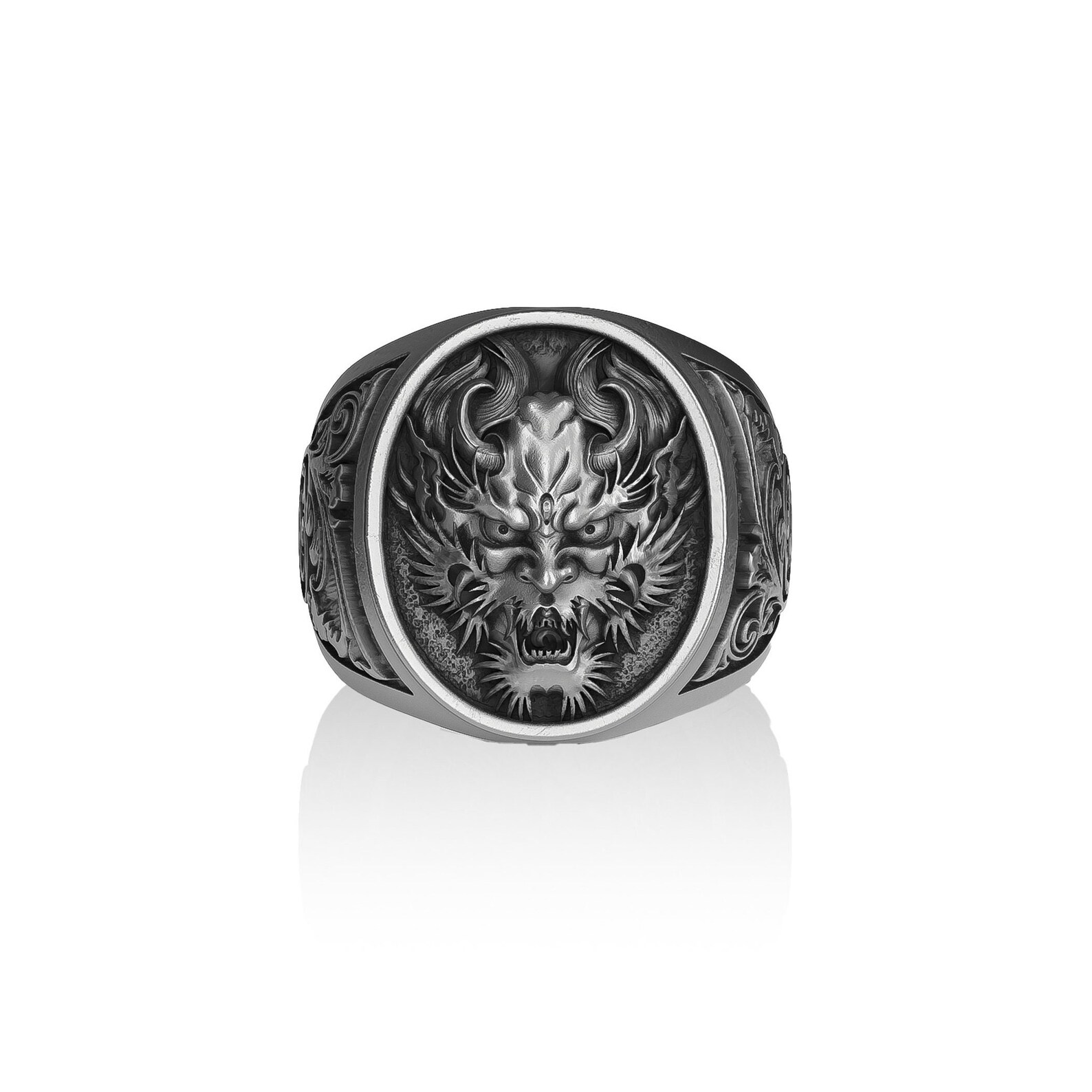 Japanese Oni Mask Dragon Ring, Japanese Mythology Jewelry, Sterling ...