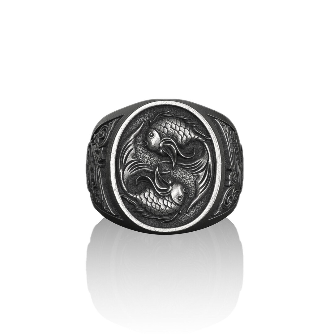 Ying Yang Fish Ring, Sterling Silver Koi Fish Ring, Carps and Waves ...