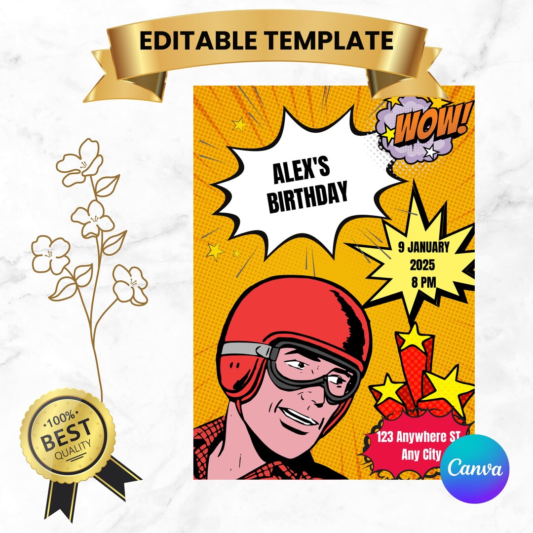 Superhero Party Card, Comic Book Birthday Invitation Template, Editable ...