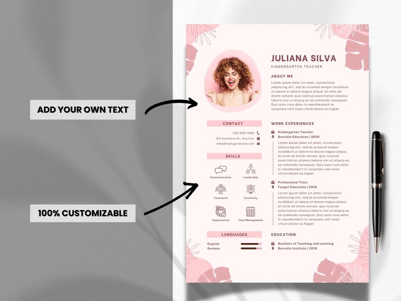 Creative Teacher Resume Template, Editable Canva CV Design for ...