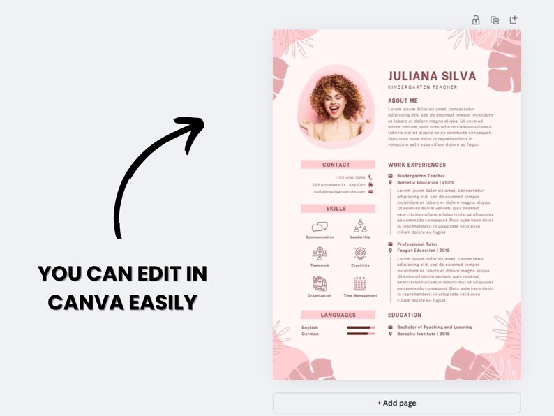 Creative Teacher Resume Template, Editable Canva CV Design for ...