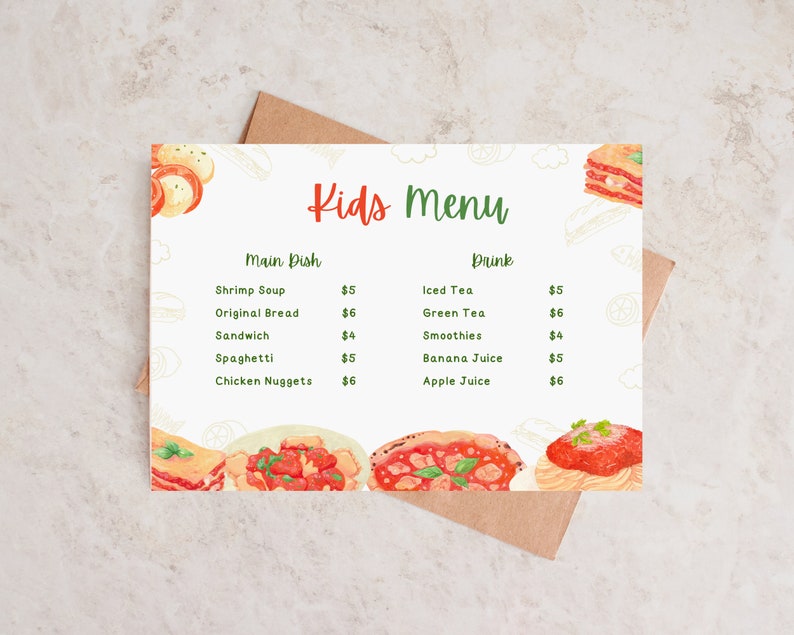 Kids Menu Editable and Printable Kids Menu Template Catering - Etsy