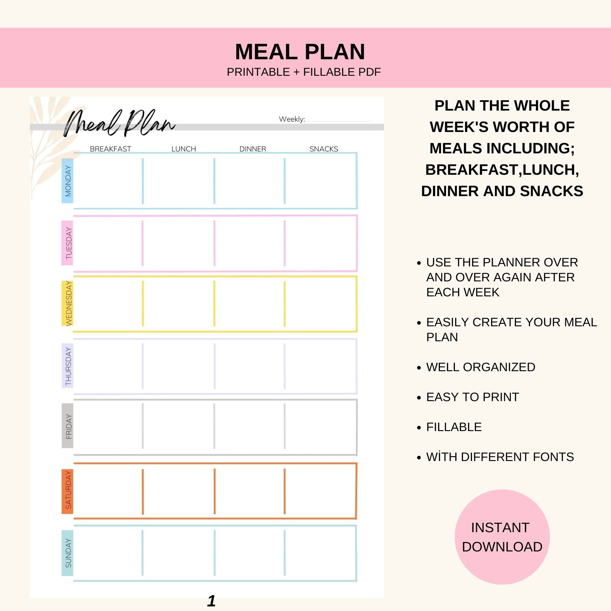 Printable Meal Plan and Grocery List Grocery Shopping List Daily Meal ...