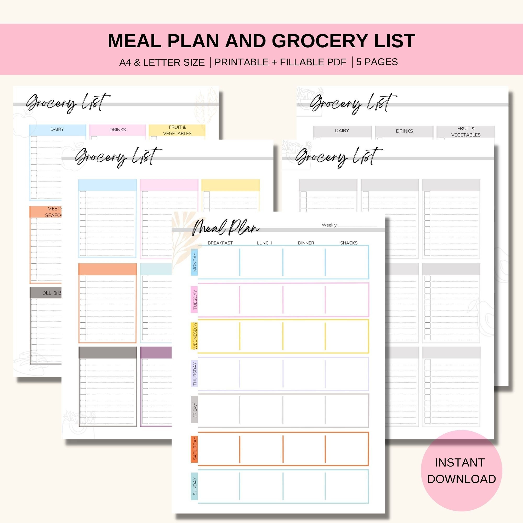 Printable Meal Plan and Grocery List Grocery Shopping List Daily Meal ...