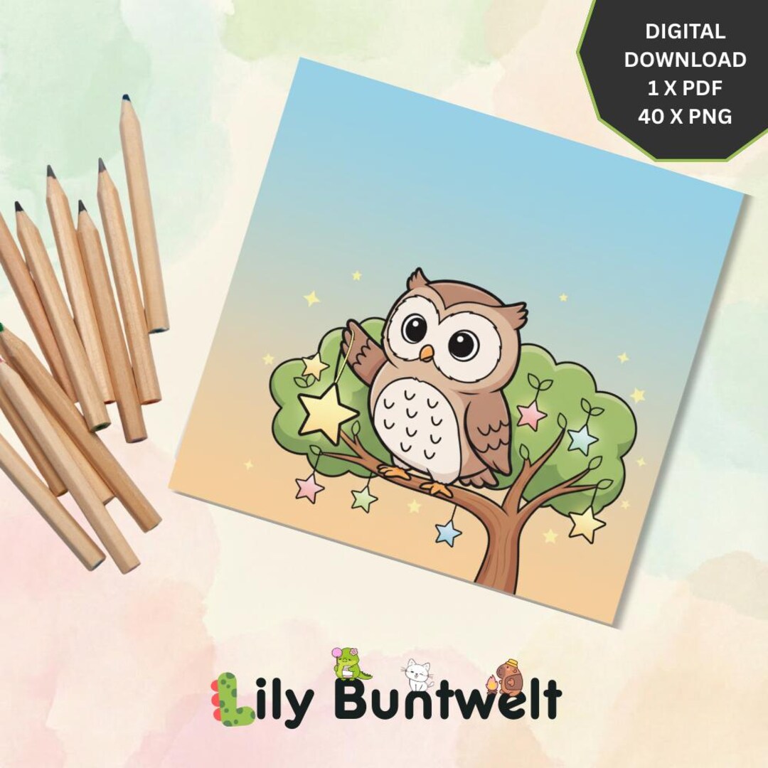 Little Owl Coloring Book Kids - Owl Hanging Stars - 40 Pages PDF & PNG ...