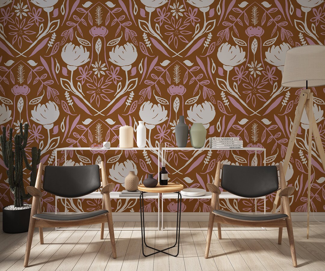Tan Brown and White Floral Removable Wallpaper, Peel and Stick or Pre ...
