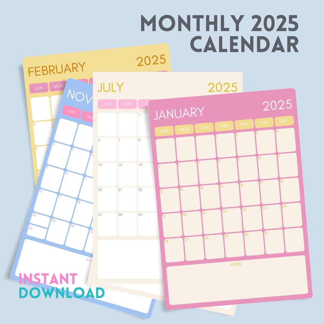 Large Monthly Wall Calendar Printable Bright, Pastel Wall Planner 2025 ...