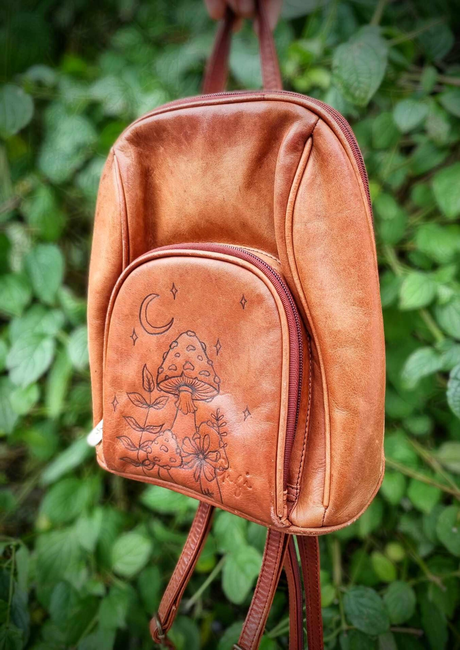 Hand Engraved Genuine Leather Backpack Cottagecore Toadstool Design ...