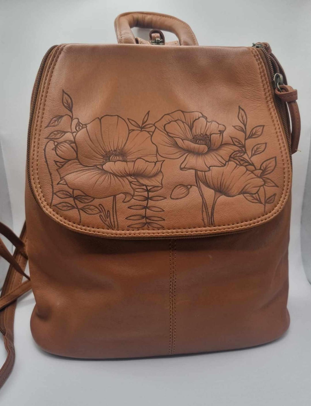 Hand Burned Genuine Tan Leather Poppy Backpack - Etsy