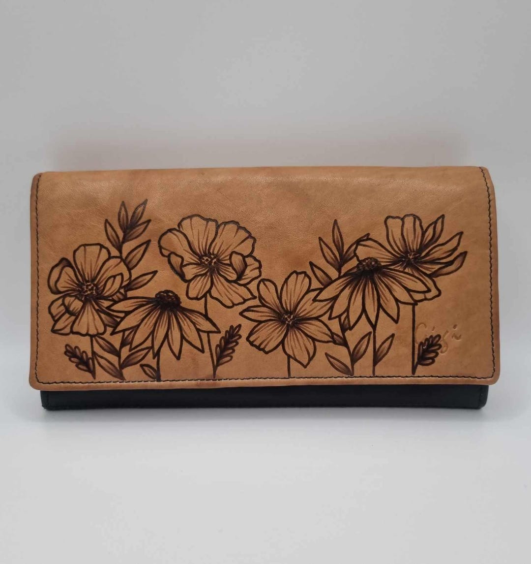 Hand Burned Genuine Leather Tan Purse / Wallet Floral Design - Etsy