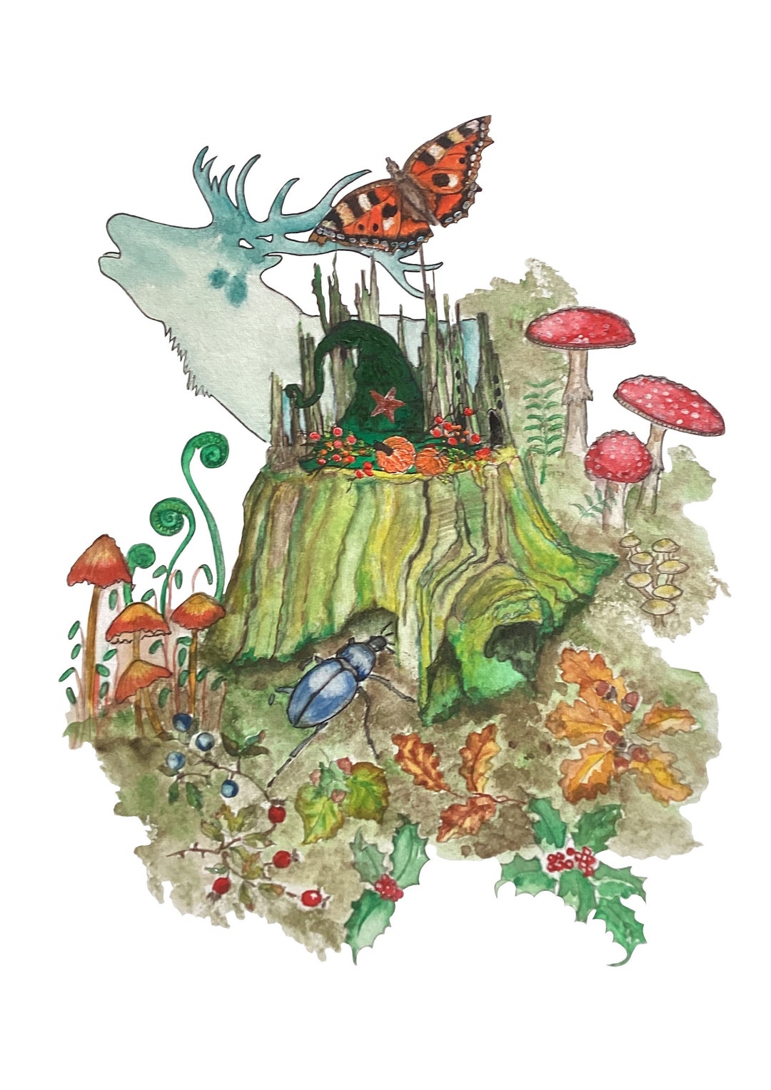 Beautiful Mythical Tree Stump and Toadstool Print Fantasy Cottagecore ...