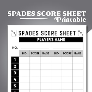 Spades Score Sheet, Spades Scorekeeper, Spades Card Game Score Sheet ...