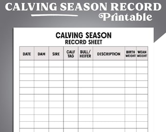 Calving Season Record Sheet - Instant Digital Download - Editable ...