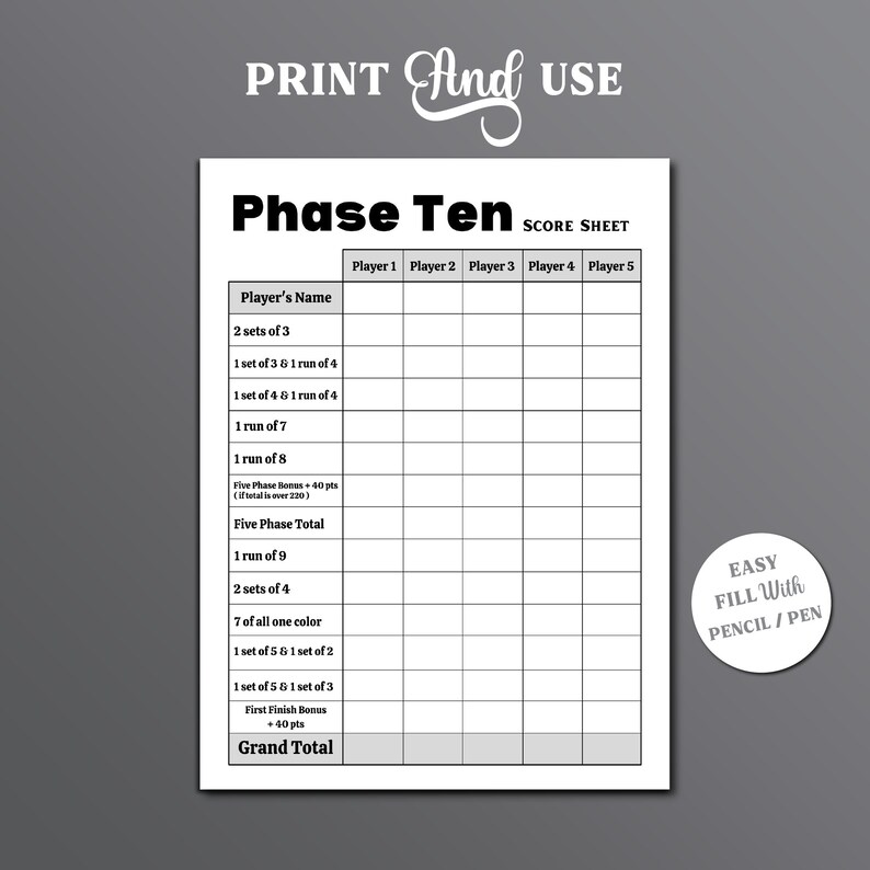 Phase 10 Card Game Score Sheet, Phase 10 Score Sheet, Phase 10 Score ...