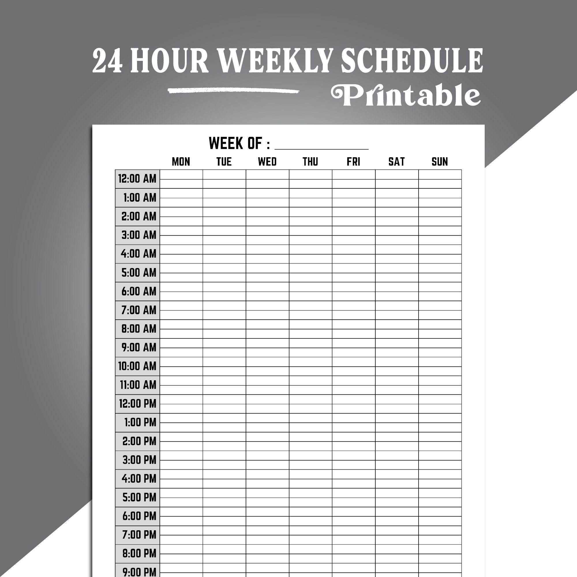24 Hour Weekly Schedule Printable, Printable Daily Planner, Hourly ...