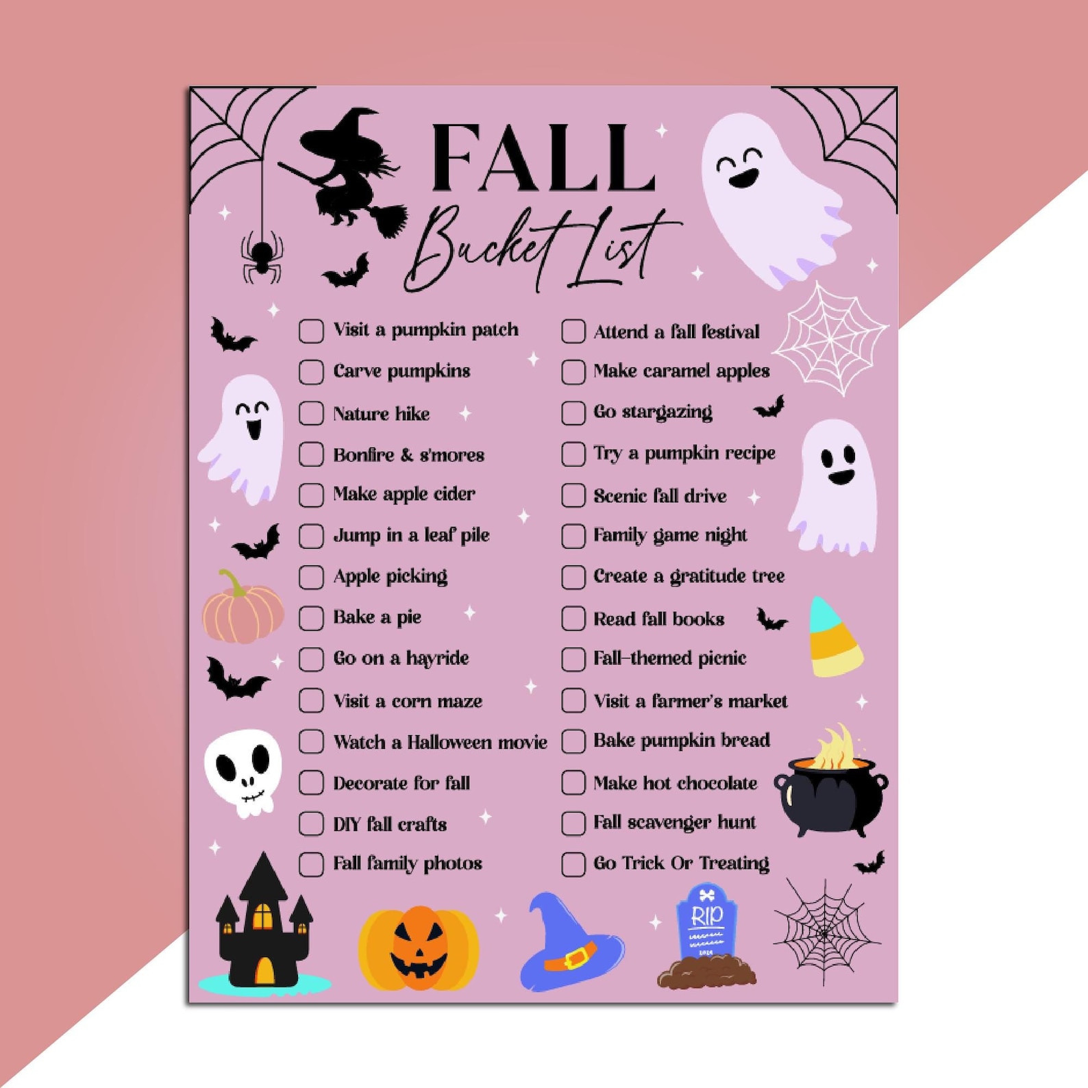 Fall Bucket List Printable Theme Pink, Fall to Do List for Family ...