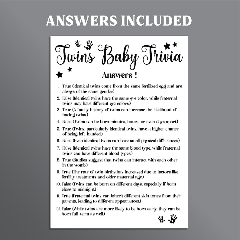 Twins Baby Trivia True or False Baby Shower Game, Fun Twin Trivia Baby ...