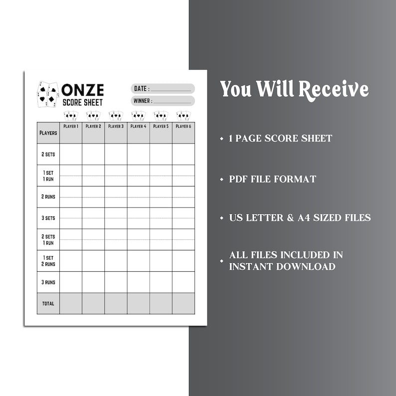 Onze Score Sheet, Onze Scorekeeping, Onze Card Game Score Pad Printabel ...