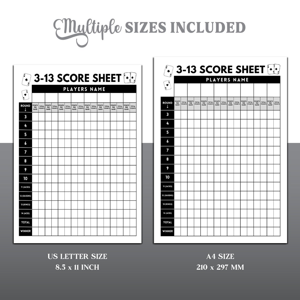 3-13 Game Score Sheets, Three Thirteen Card Game Score Sheets, 3 to 13 ...