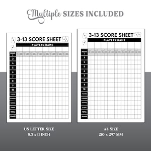 3-13 Game Score Sheets, Three Thirteen Card Game Score Sheets, 3 to 13 ...