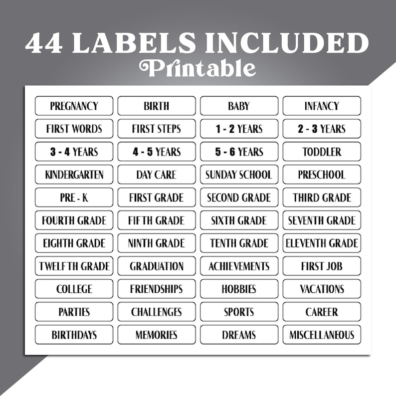 Memory Box Tab Labels, School File Box, Milestone Tote, Printable ...