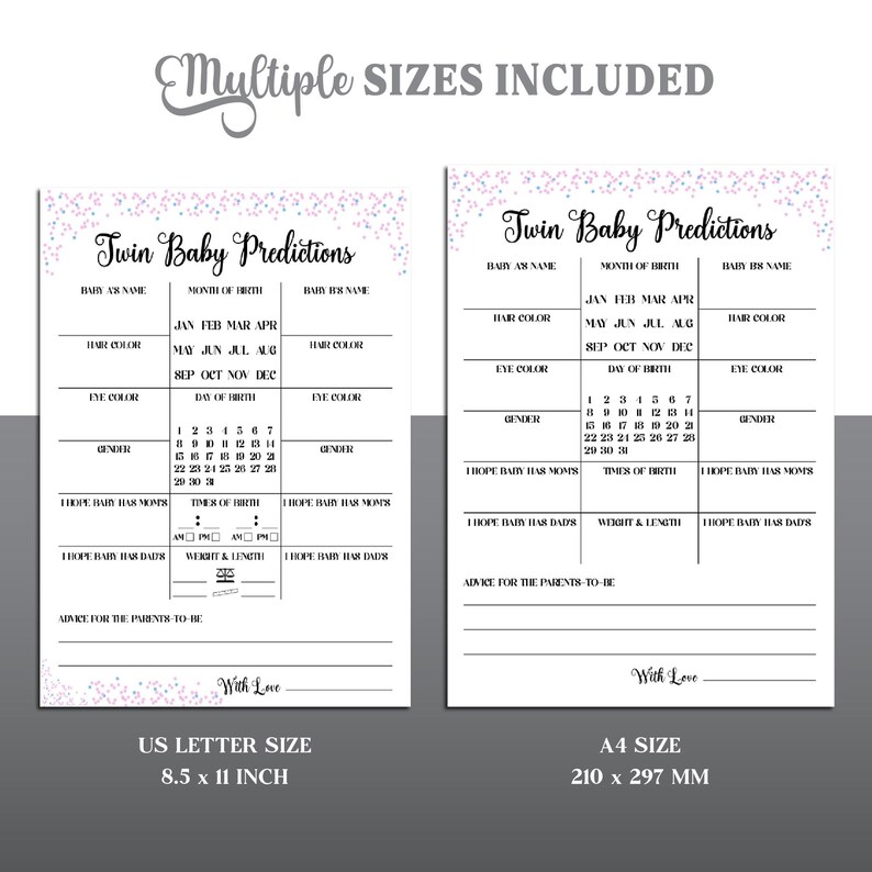 Twin Baby Predictions Printable, Baby Shower Twin Prediction Cards ...