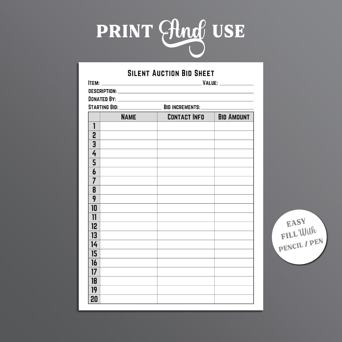 Silent Auction Bid Sheet Printable Template, Fundraising Event Bidding ...