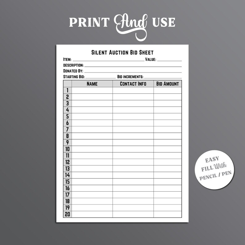 Silent Auction Bid Sheet Printable Template, Fundraising Event Bidding ...