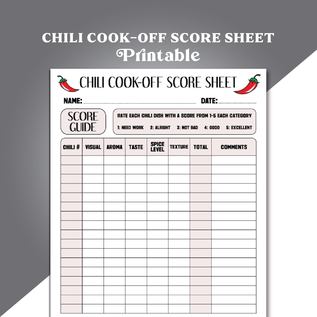 Chili Cook-off Score Sheet Printable for Chili Competition, Cook off ...