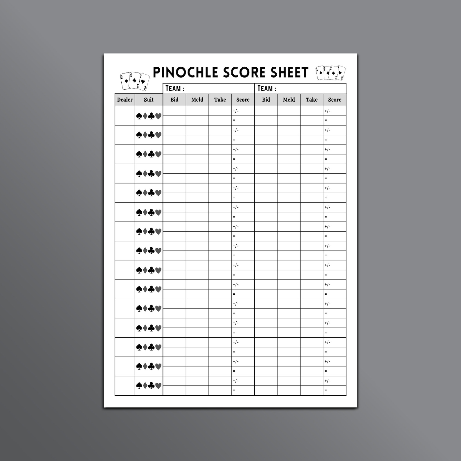 Pinochle Score Sheet, Double Pinochle Score Sheet, Pinochle Card Game ...