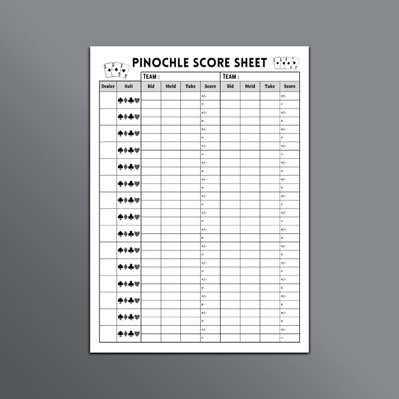 Pinochle Score Sheet, Double Pinochle Score Sheet, Pinochle Card Game ...