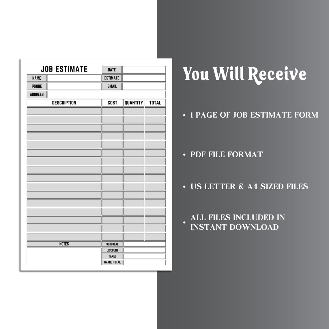 Estimate Form Printable, Job Estimate Template, Easy and Simple Job ...