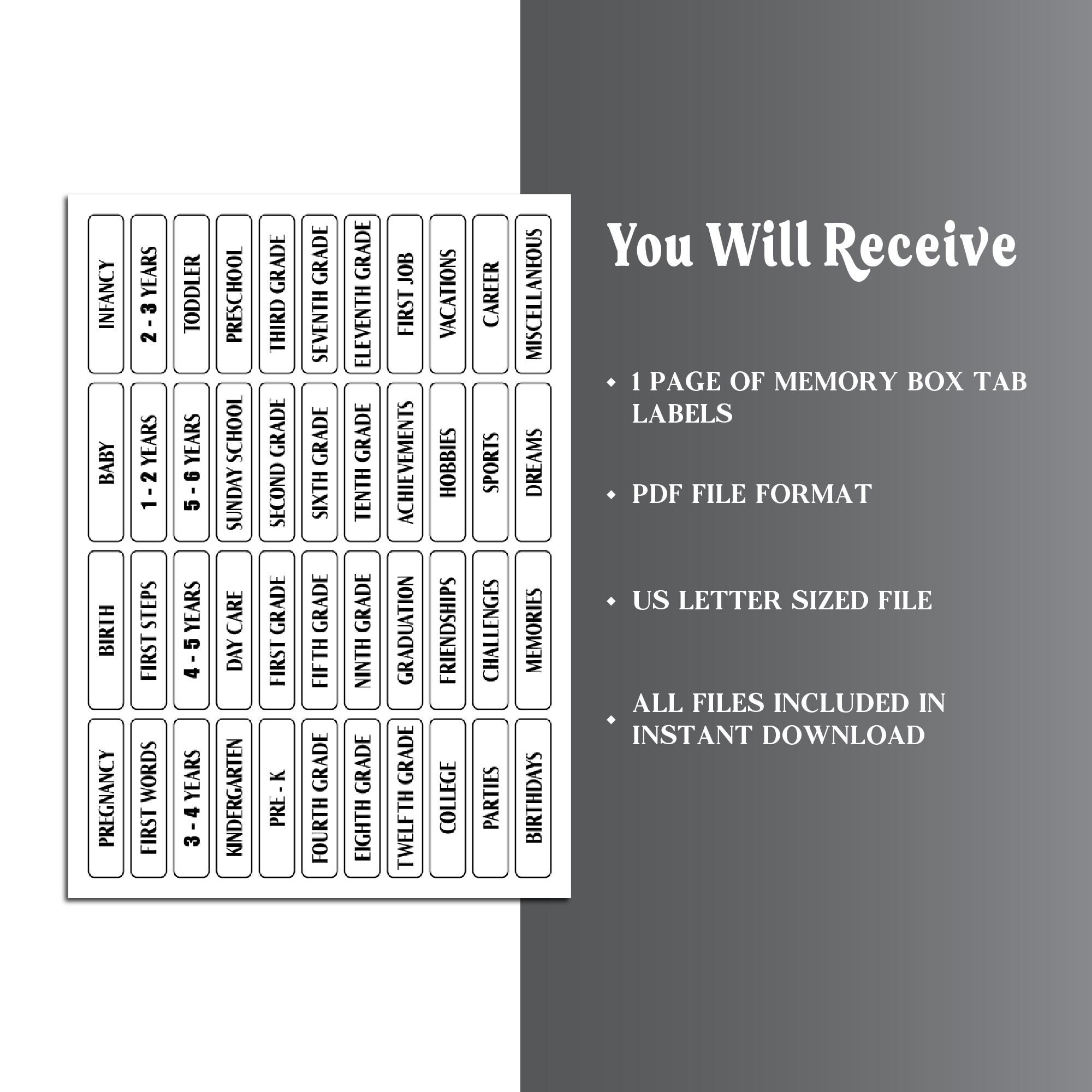 Memory Box Tab Labels, School File Box, Milestone Tote, Printable ...