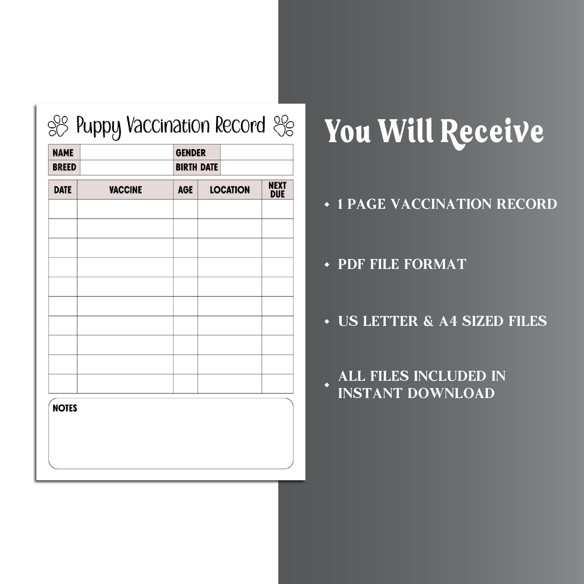 Puppy Vaccination Record, Puppy Immunization Log, Dog Shot Record, Pet ...