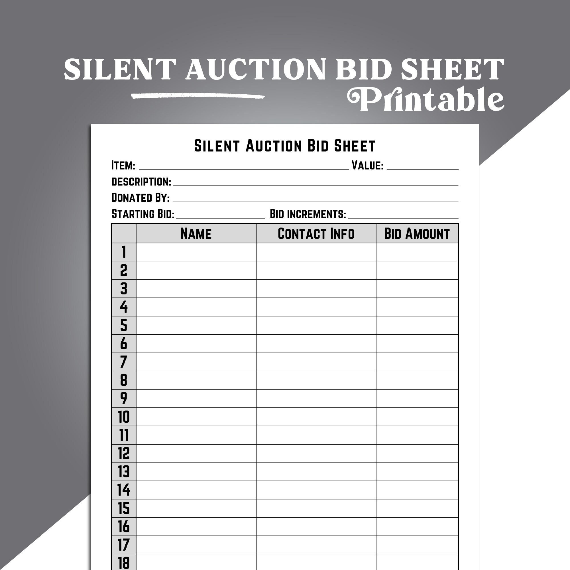 Silent Auction Bid Sheet Printable Template, Fundraising Event Bidding ...