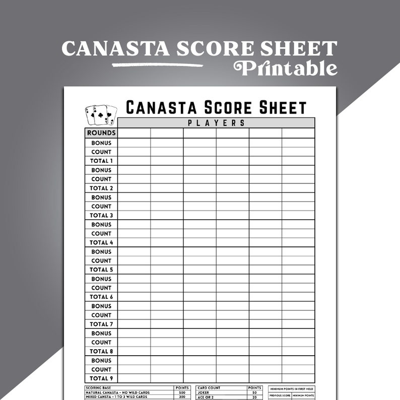 Canasta Score Sheet, Canasta Card Game Score Sheet, Printable Canasta ...