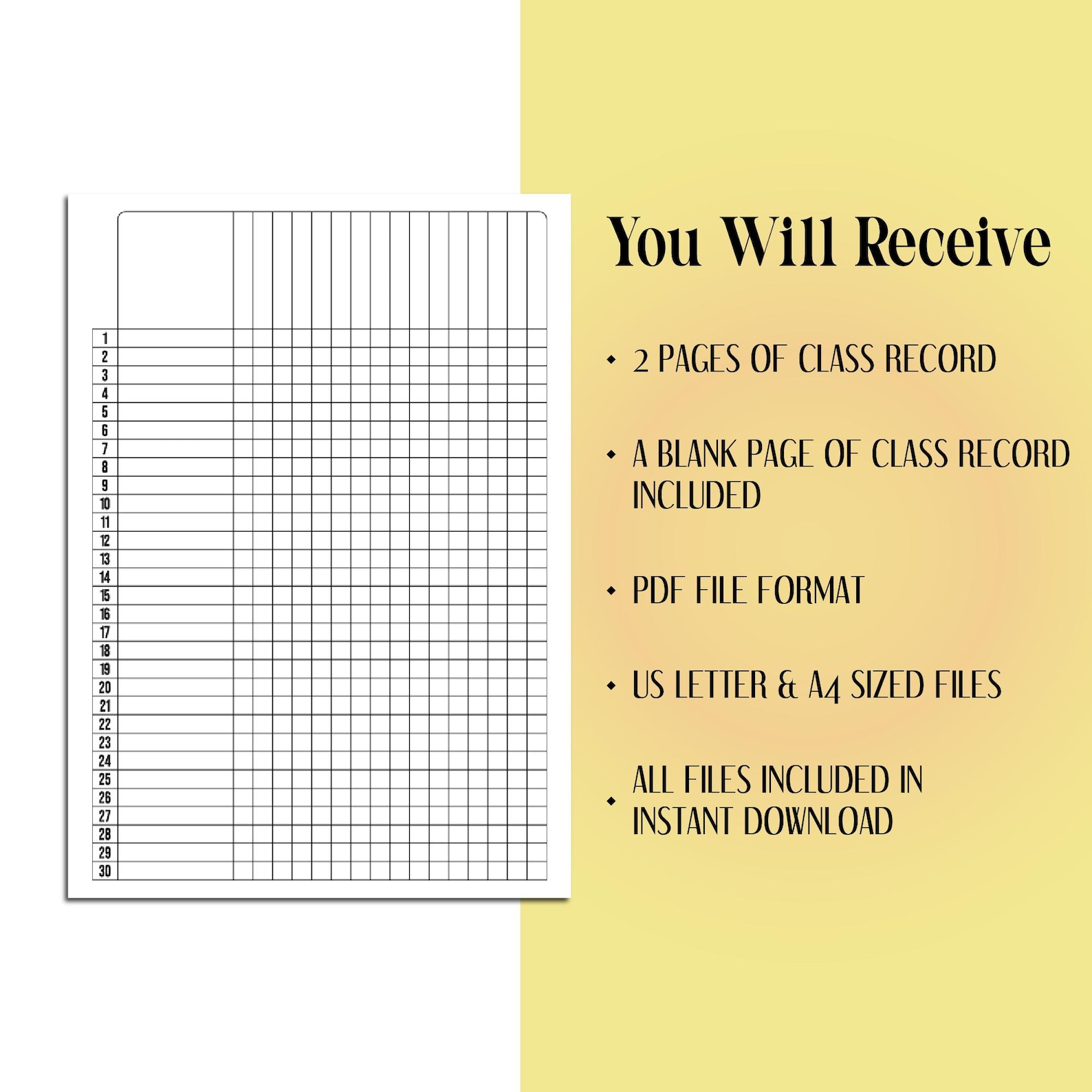 Printable Class Record, Class Record and Checklist, Class Gradebook ...