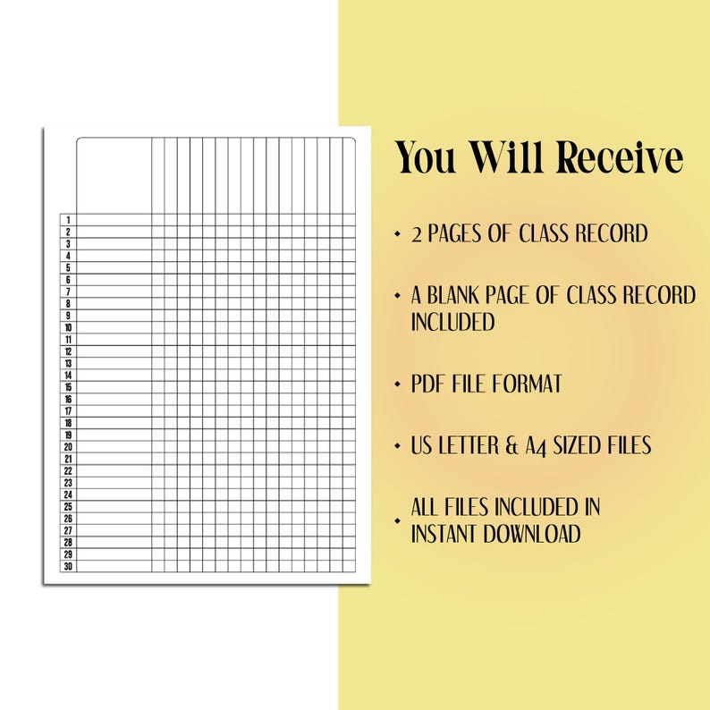 Printable Class Record, Class Record and Checklist, Class Gradebook ...